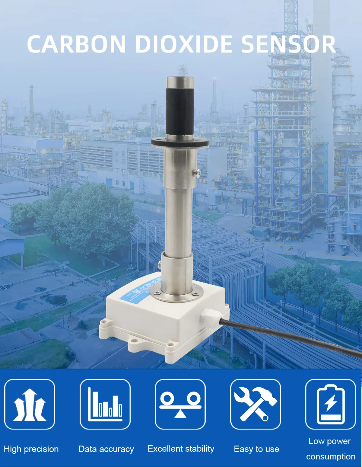 Duct Type CO2 Monitor - 2000ppm, 24V, 0-5V, 0-10V, 4-20ma