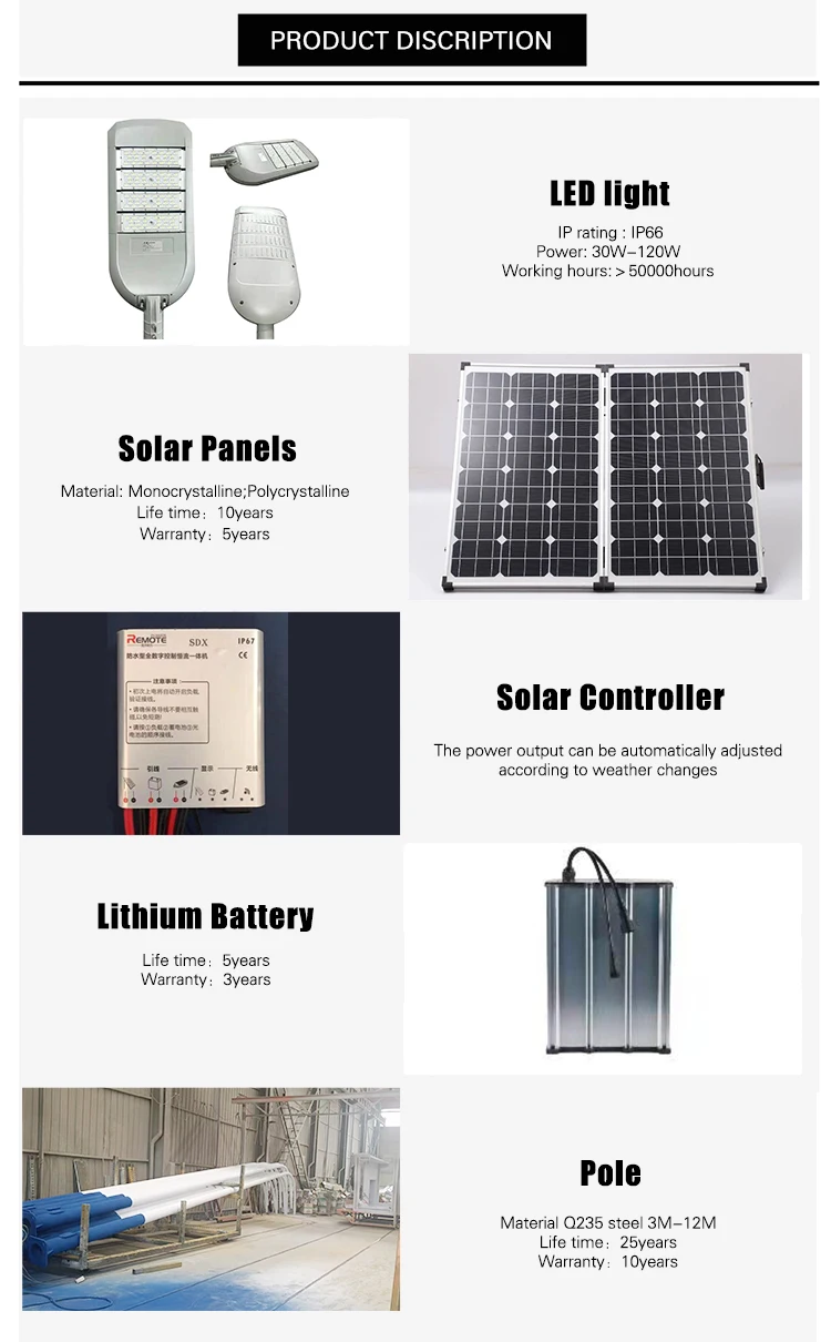 10m Pole 60w 80w 100w Led Solar Street Light Poly Cells Panel Mono ...