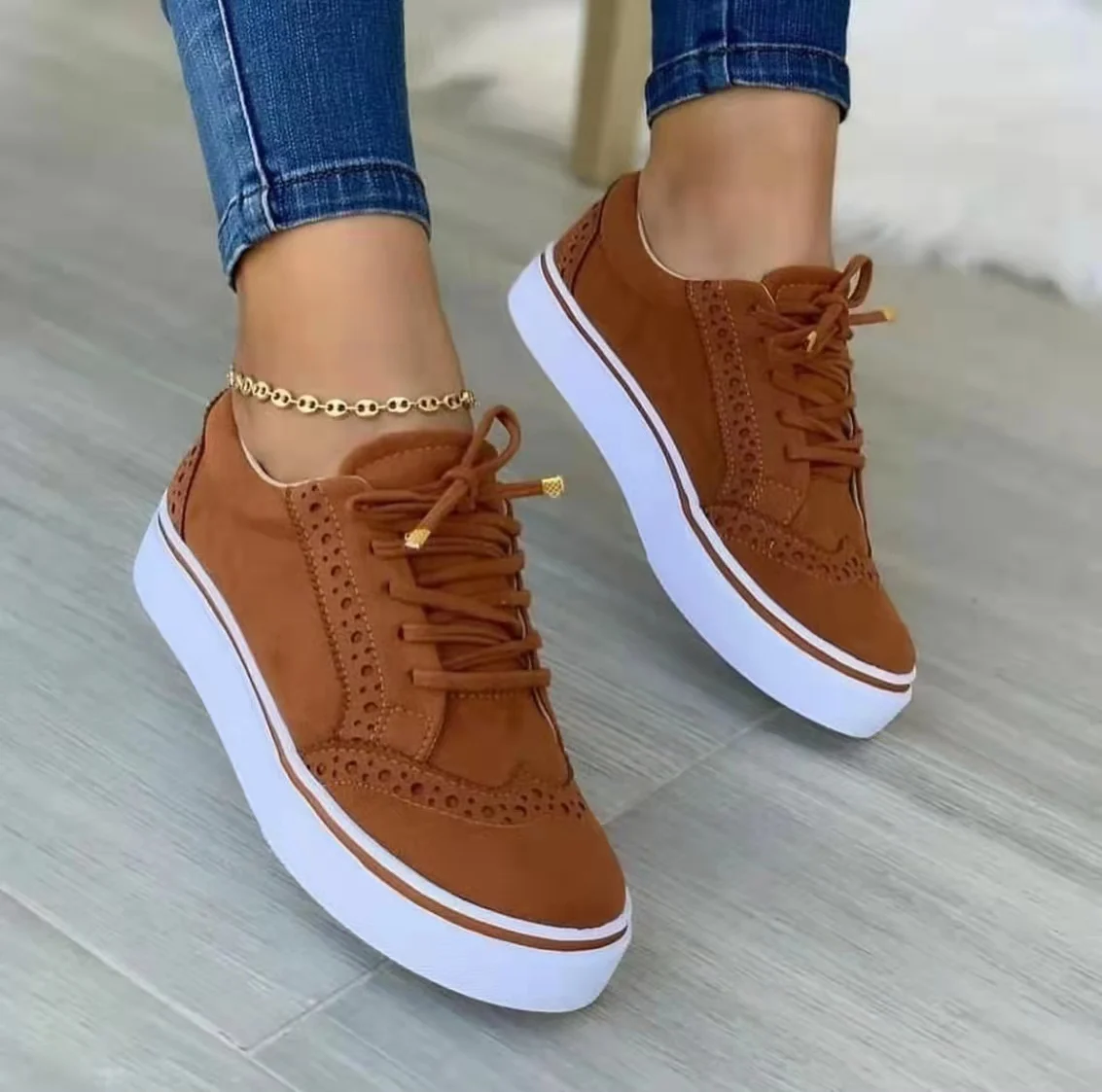 Women's Low-cut Brown Retro Suede Hollow Lace Up Leather Constom Shoes ...