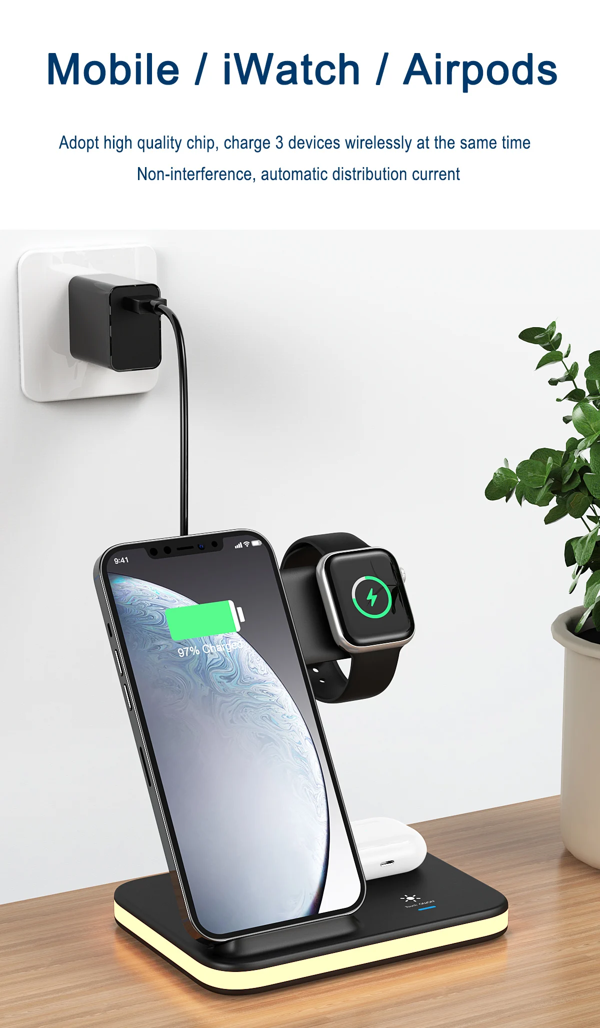 4 In 1 Wireless Charging Stand 15w Fast Charging 3 In 1 Lamp Wireless ...