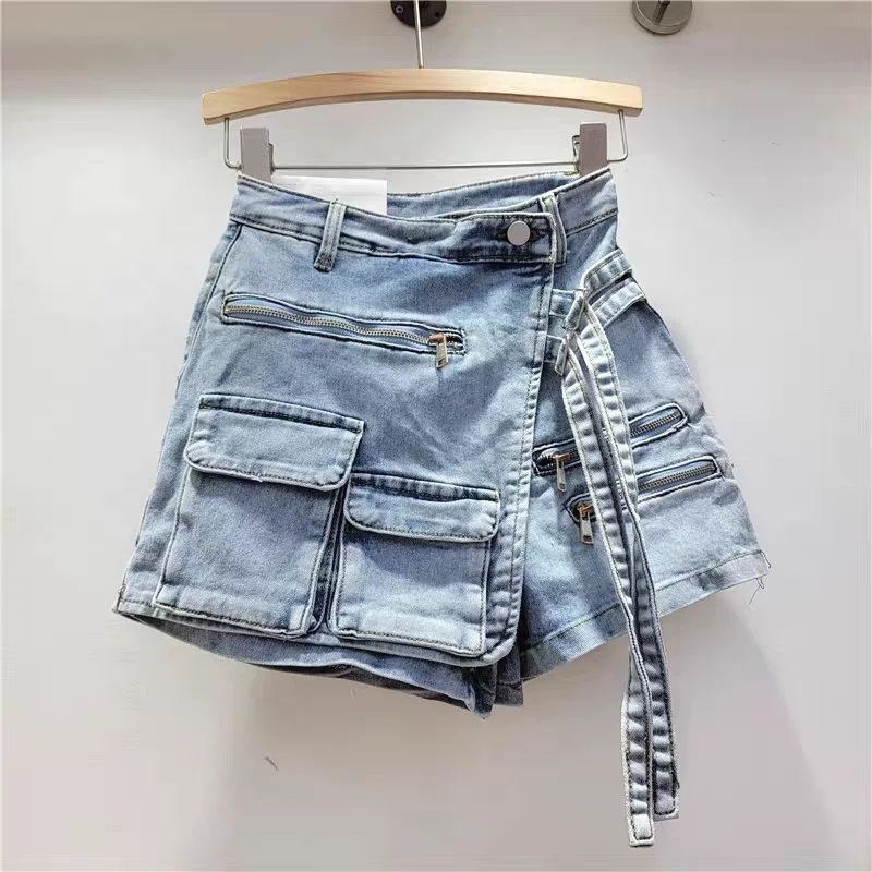 Hot Sale 2024 Asymmetrical Multi-pocket Designer Denim Skirt Shorts ...