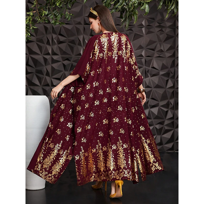 EID Custom Muslim Red 2pcs Set Golden Pattern Batwing Sleeve Open Abaya ...