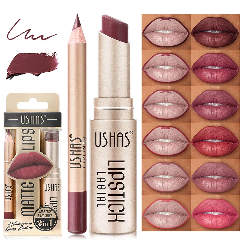 Ushas 2 In 1 Velvet Matte Lipstick With Lipliner Kit Rouge Lip Balm Lipstick Lip Liner Set ...