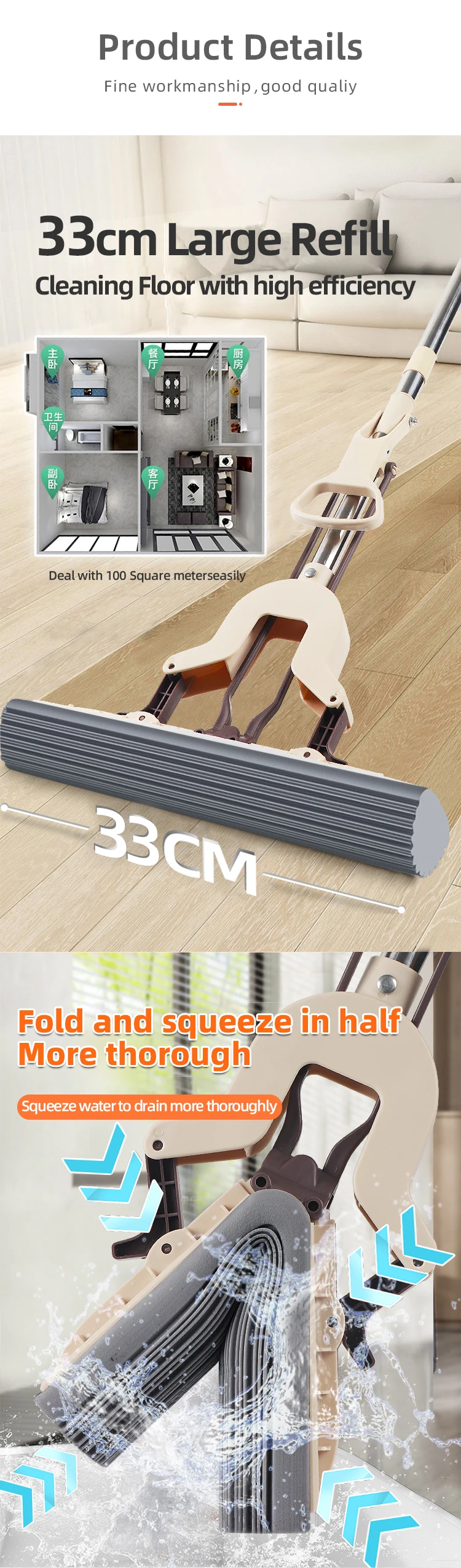 Free-handwash Folded Sponge Mop With Absorbent Cotton Thread Head ...