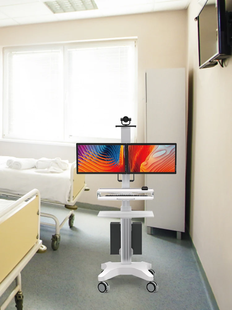Mobile Double Monitor Mounts Workstation for Hospital Nurses