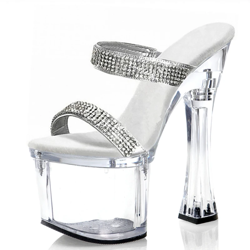 Women 18cm Platform Chunky Wedge Heel Crystal Rhinestone Sandals Clear ...