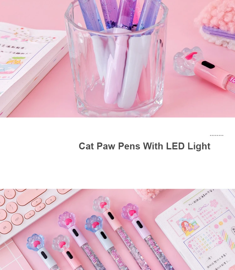 Promotional New Design Lovely Stationery Cat Paw Pens With Led Light ...