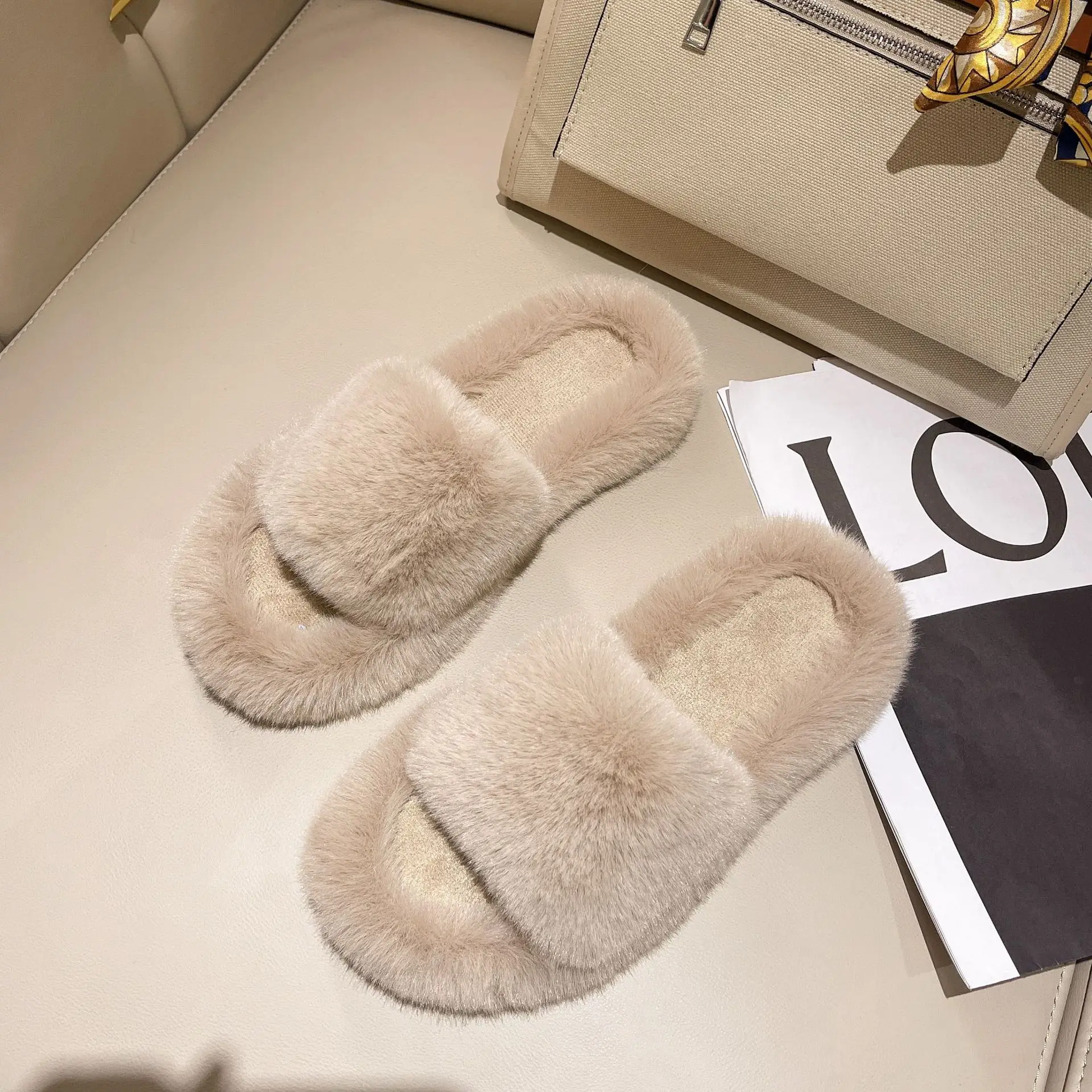 Soft Warm Plush Furry Open Toe Fur Slides Fuzzy Fluffy House Indoor ...