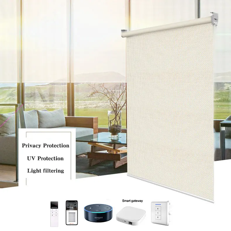 Electric Smart Zigbee Roller Shades Blackout Window Retractable Motorized Cordless Polyester ...