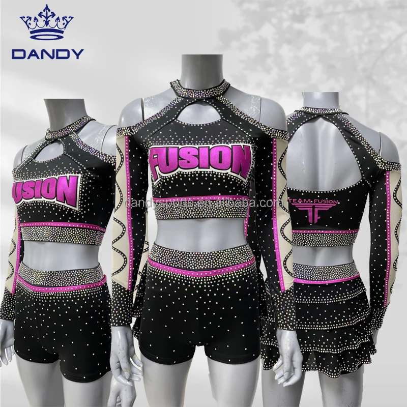 Custom Dancing Uniform Black Cheering Apparel Long Sleeve Rhinestone ...