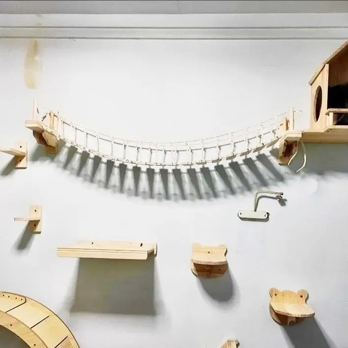 Eco-friendly Wall Mounted Cat Climbing Frame with Solid Wood Cat Bridge