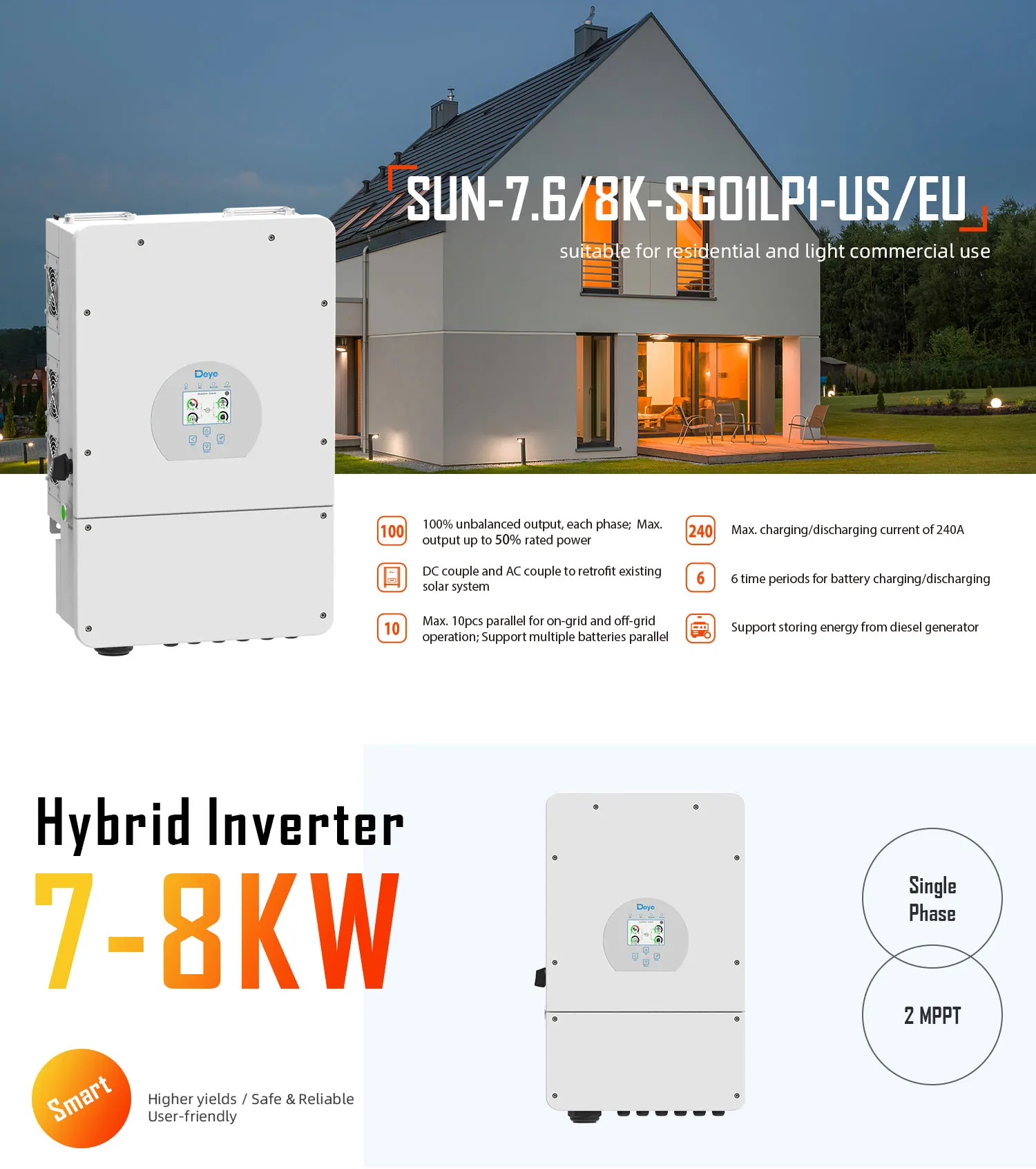 Deye SUN-8K-SG01LP1-EU 8kw Single Phase 2 MPPT Hybrid Solar Inverter