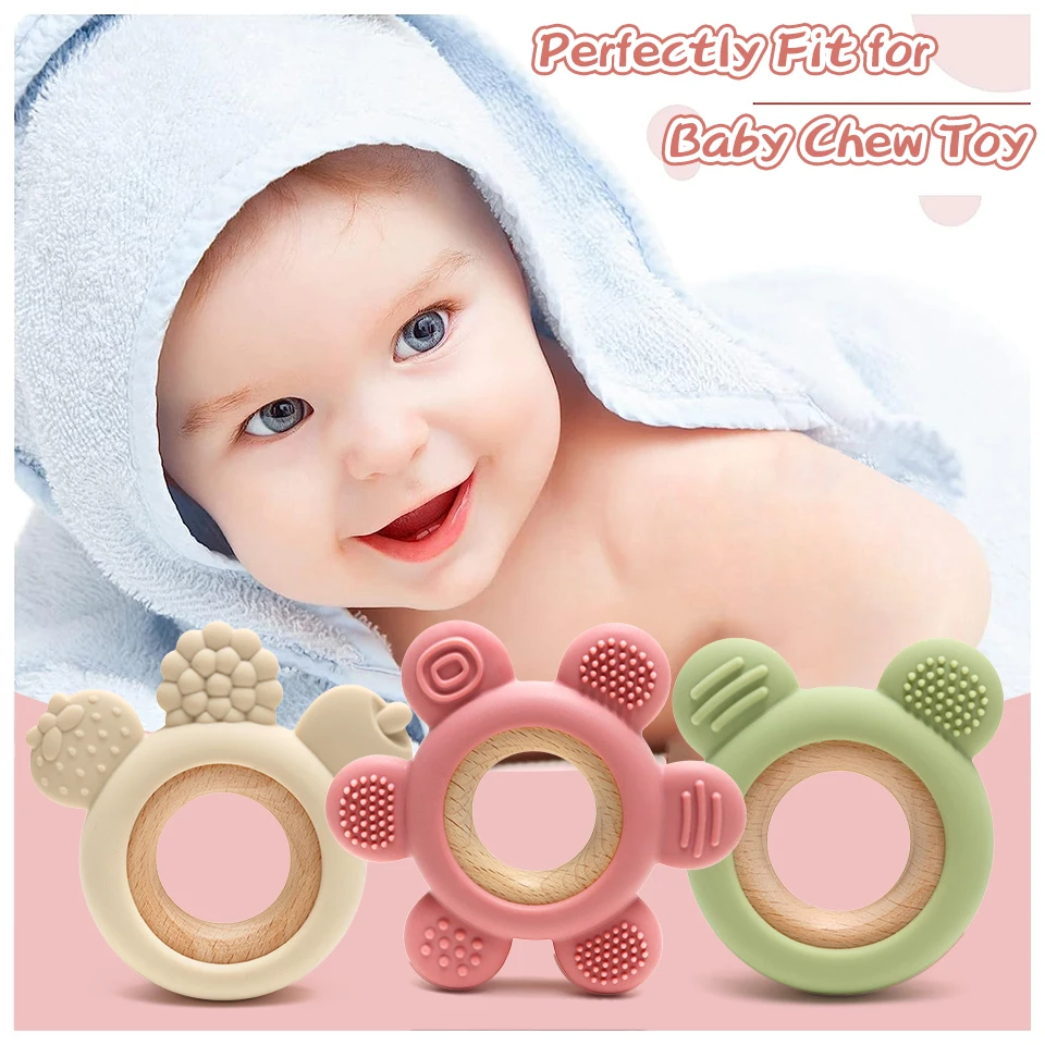 Round Silicon And Wood Animal Cartoon Beech Teether Silicone Chewable ...