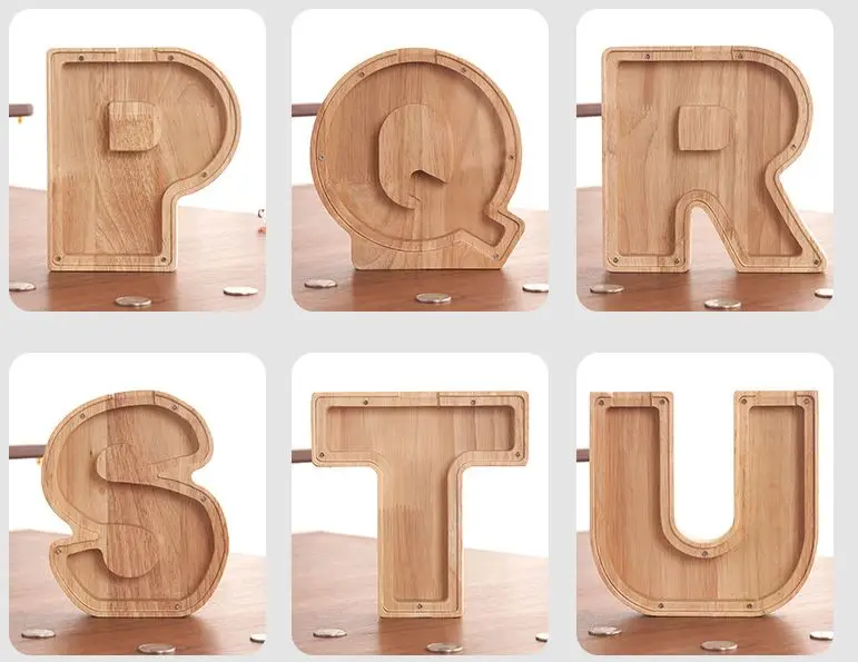 26 English Letters Piggy Bank Decoration Ornaments Wooden Coin Bank ...