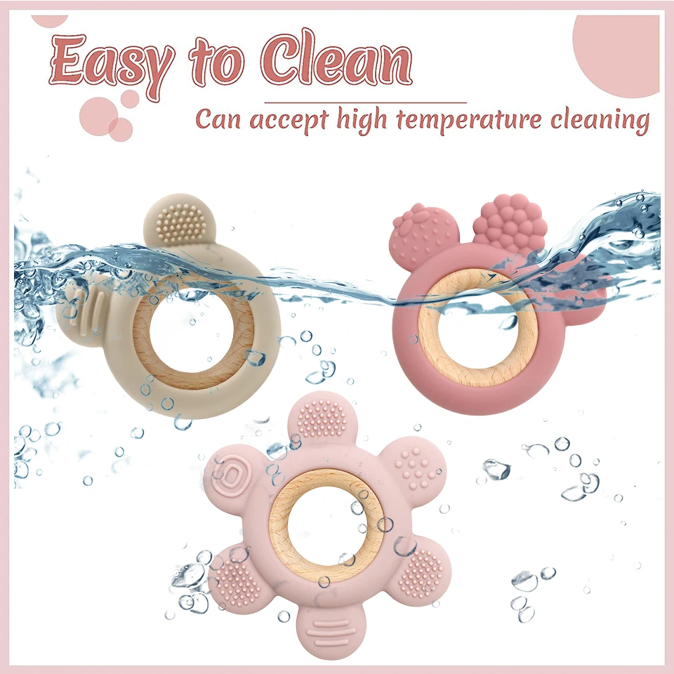 Round Silicon And Wood Animal Cartoon Beech Teether Silicone Chewable ...