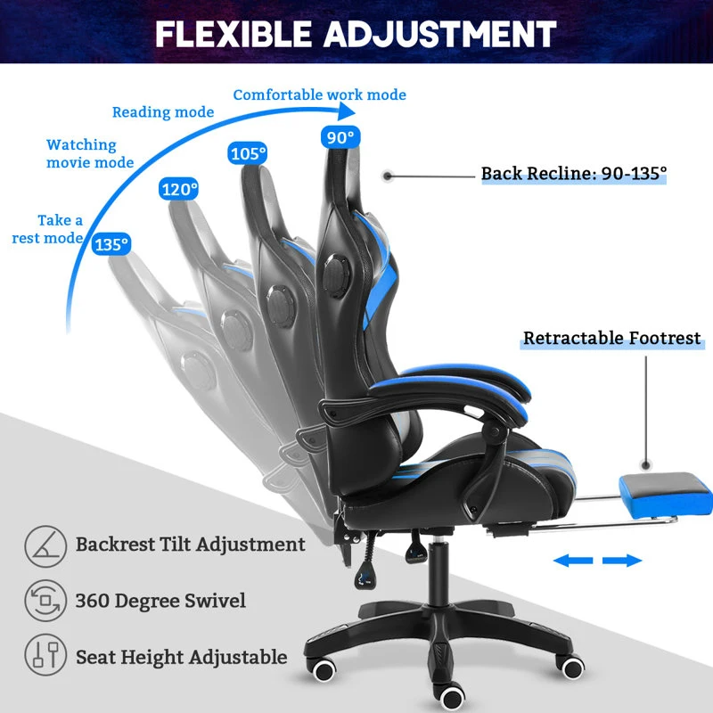 AJUNION RGB Gaming Chair with LED Lights Bluetooth Speakers Reclining ...