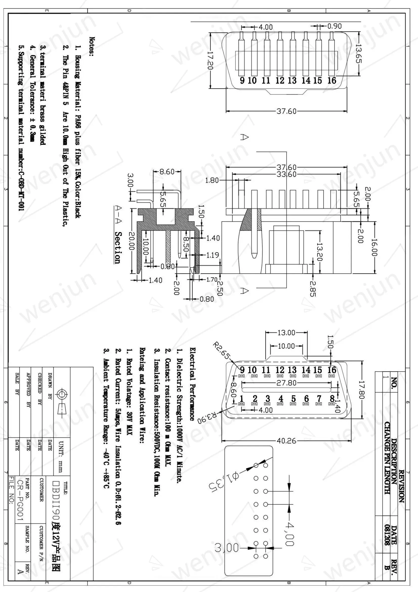 12V J1962 90 Degree Right Angle Pins OBD II Connector
