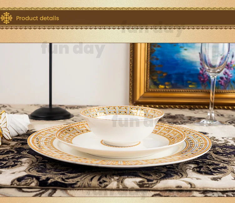 Luxury Gold and White Checkered Tableware Overglaze Color Dinner Plate ...