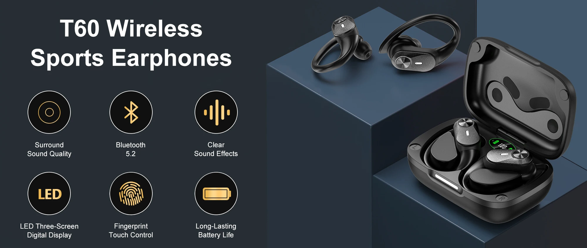 2025 T60 Ear-Hook Sports Earbuds Noise-Cancelling Earphones with HD ...