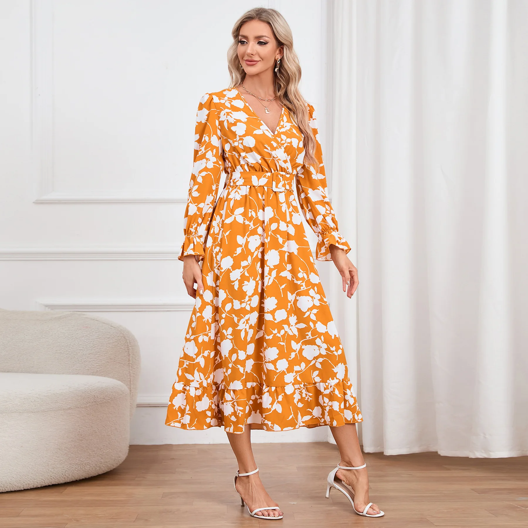 High Quality Women Clothing Casual Long Sleeve Dresses Print Flower ...