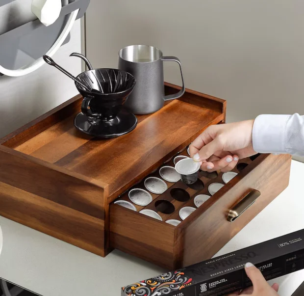 Wood Engraved Solid Wood Coffee Pod Holder with Drawer Coffee Station ...