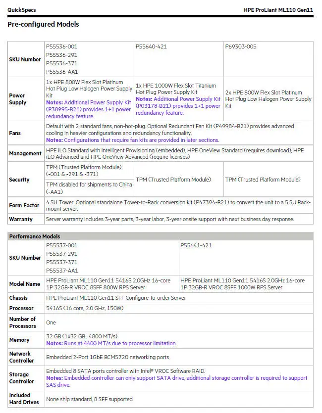 HPE Proliant ML110 Gen11 Tower Server - Intel Xeon Power