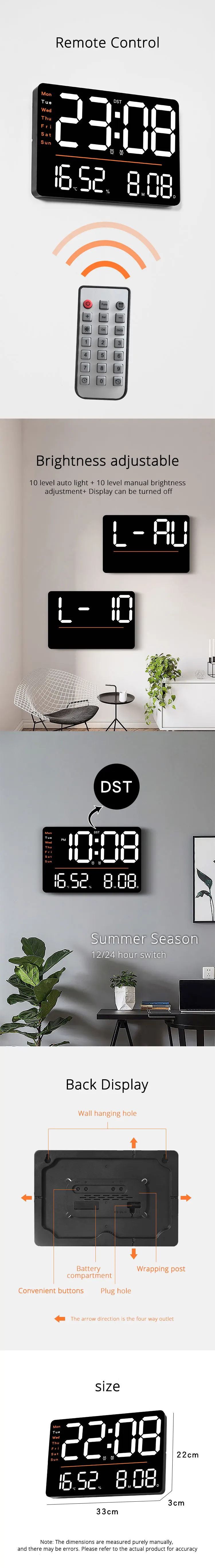 Large Display Wall Electrical Clock Calendar Day Digital Wall Clock Temperature With Remote