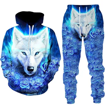 Men's Hood 2 Piece Set Personalized Wolf Print Tracksuit Male Jogger ...