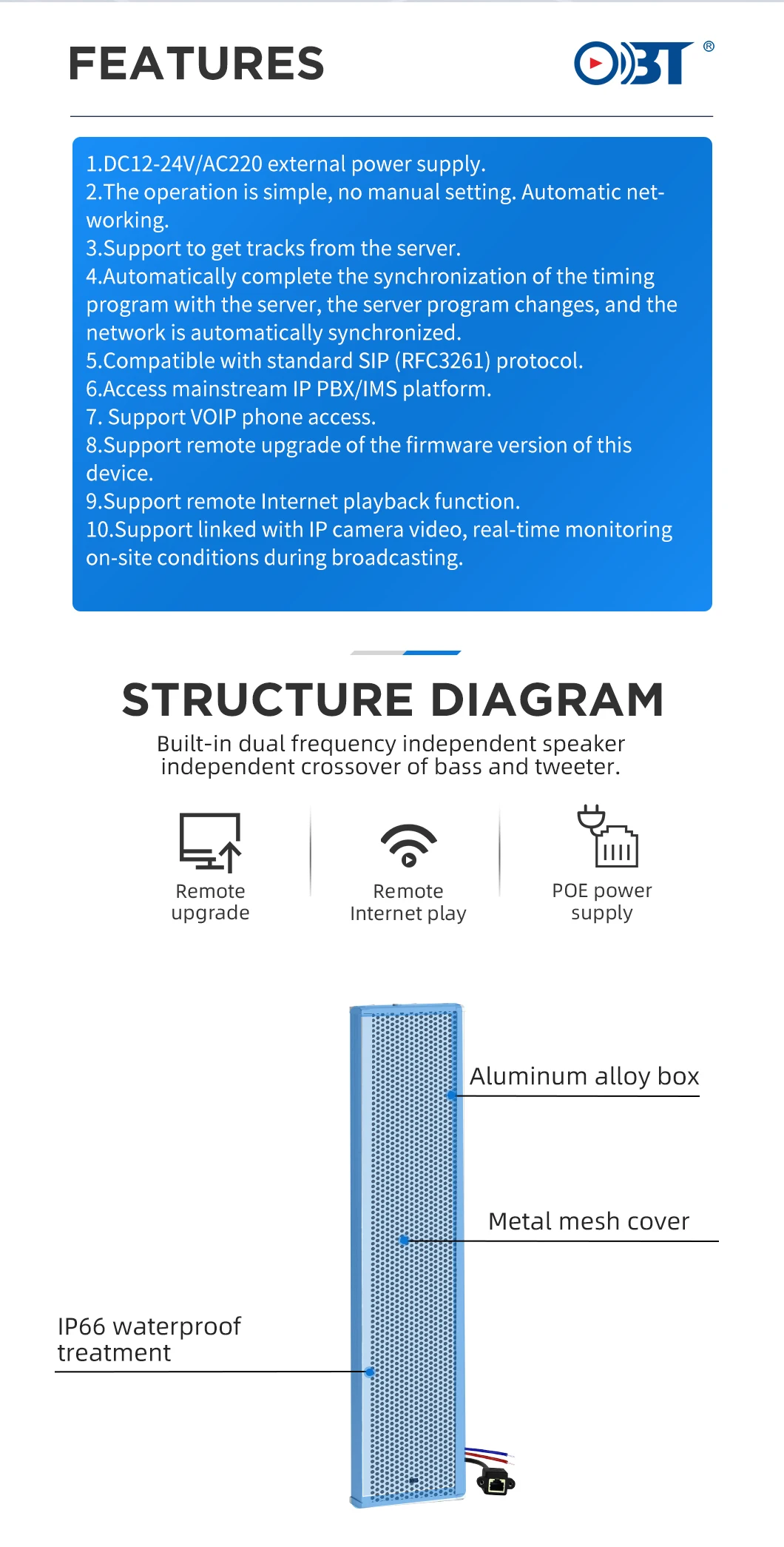 Pa Obt-poe903 Paging System Column With Aluminum Sip Poe Speaker Public ...