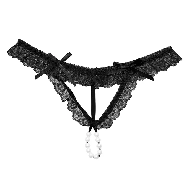 Finetoo Sexy Women Lace Erotic Crotchless Pearls Comfortable Daily Lace Thongs Floral Pattern