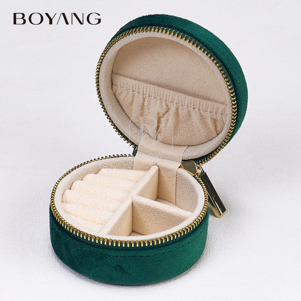 Custom Velvet Zipper Travel Jewelry Case - Green Storage Box