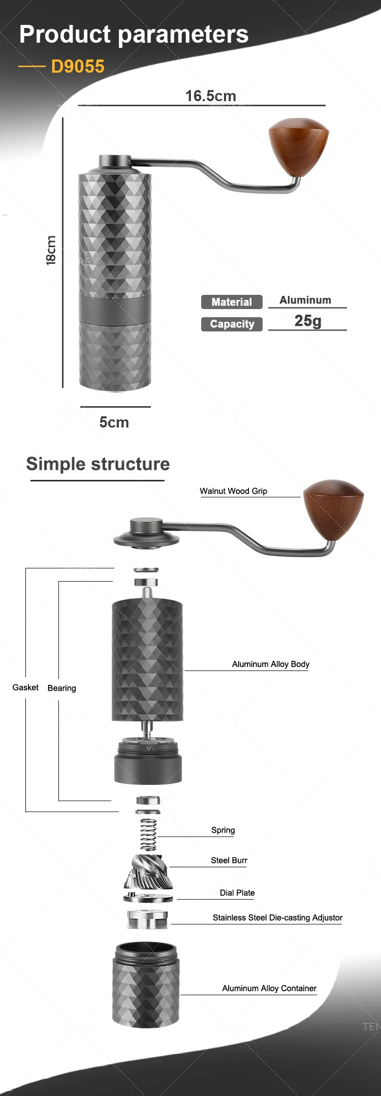 Tenrey Adjustable Espresso Diamond Cutting Hand Coffee Grinder With Conical Stainless Steel Burr ...