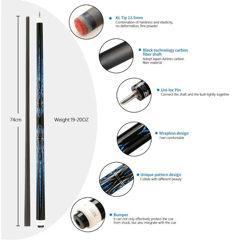 KONLLEN Carbon Fiber Pool Cue 12.5mm Rainbow Tip Laser Meteor Style 1/2 ...