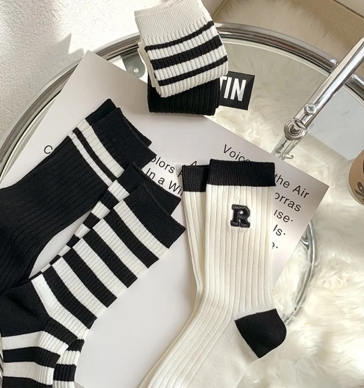 Women Socks Black And White Instagram Fashion R Letter Striped Mid ...