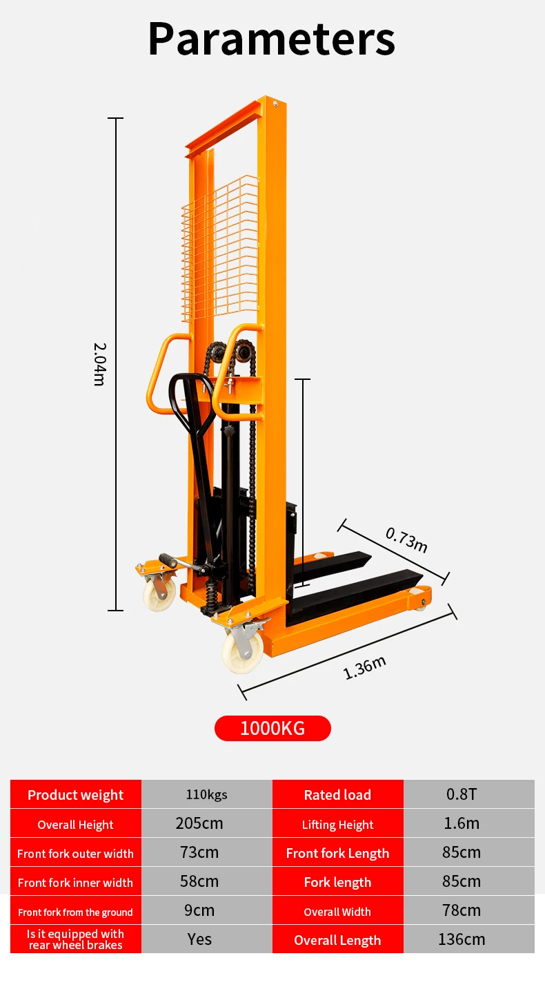 Hand Fork Lift 1.5t Manual Stacker - 3000kg Capacity