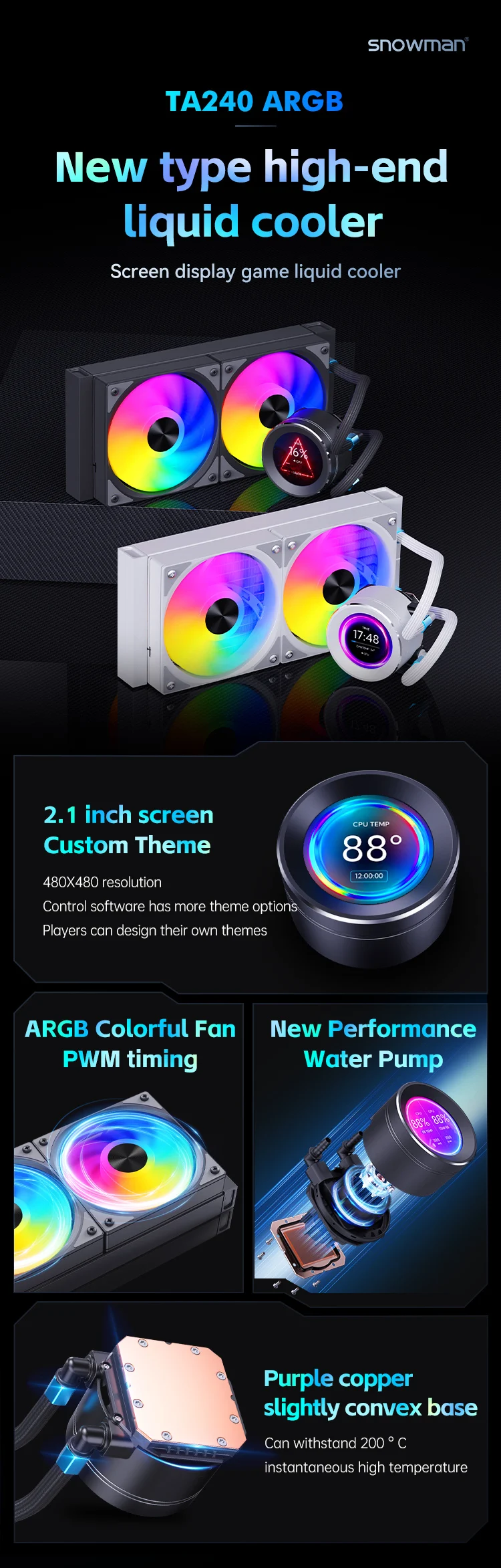 Snowman 240mm Cpu Liquid Cooler Argb With Lcd Screen For Gaming Pc ...