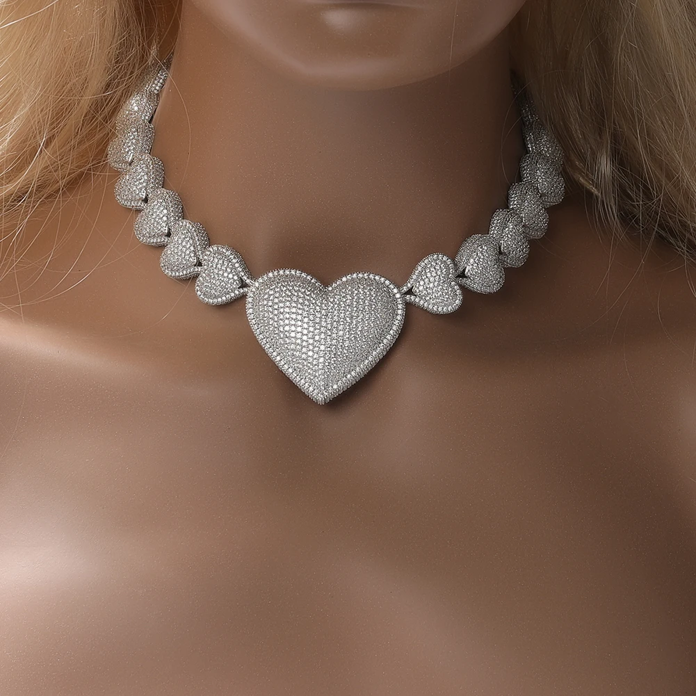 Iced Out Full CZ Heart Necklace Big Heart Choker Chain Bling Bling ...