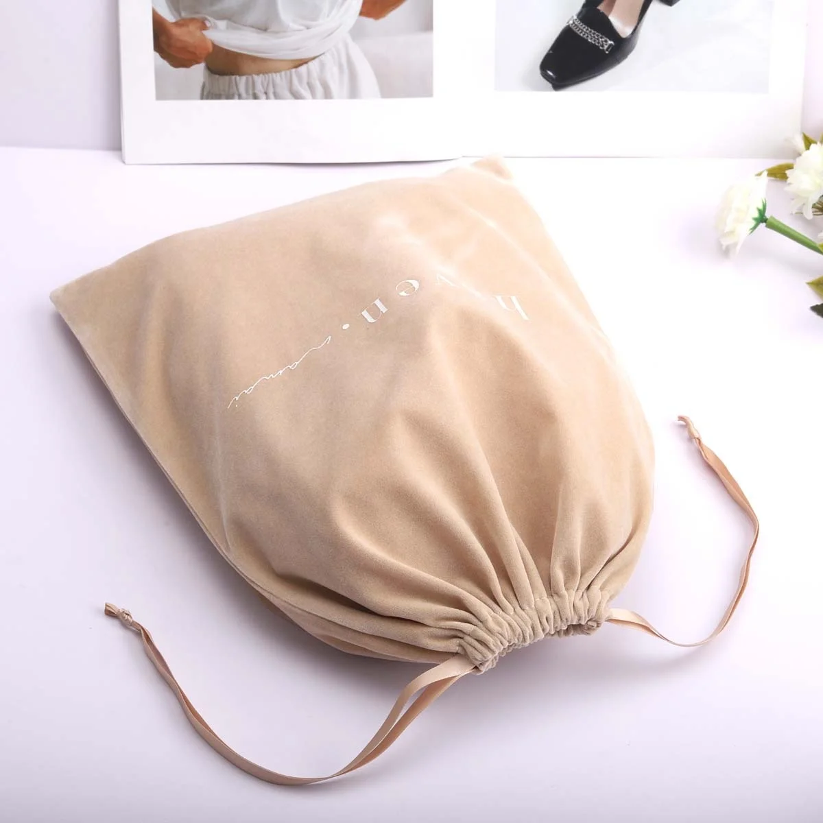 Custom Logo Printing Velvet Drawstring Bag For Shoes & Clothing - Oem