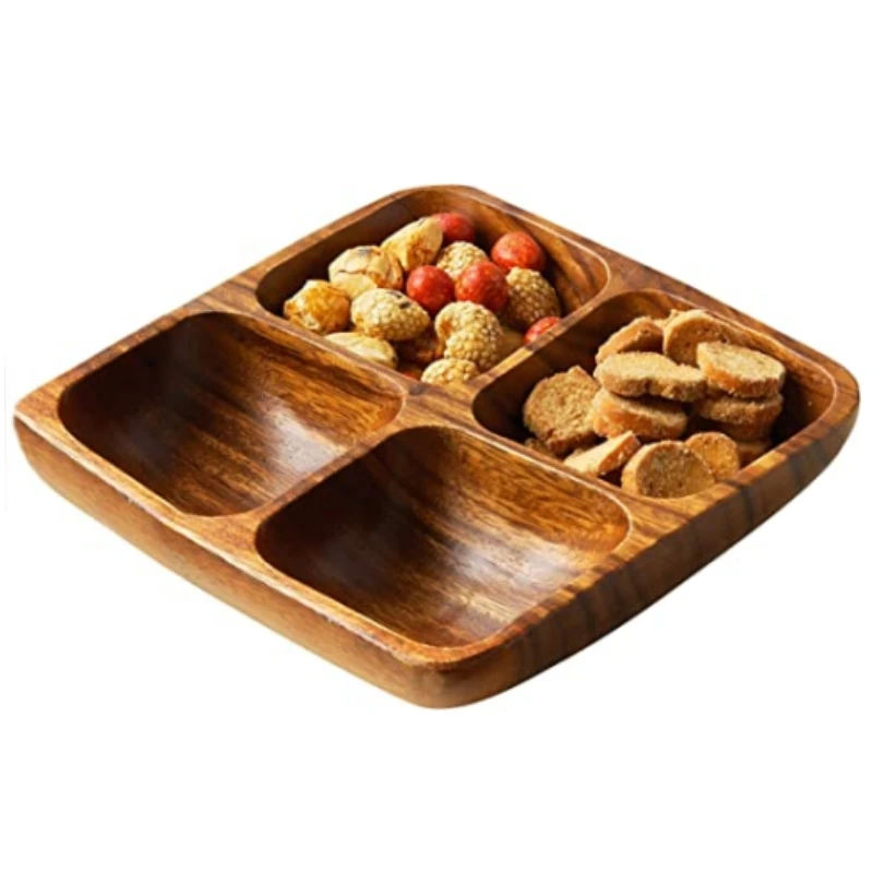 Brown Square Snack Plate Divided Snack Bowl Food Serving Tray Acacia ...
