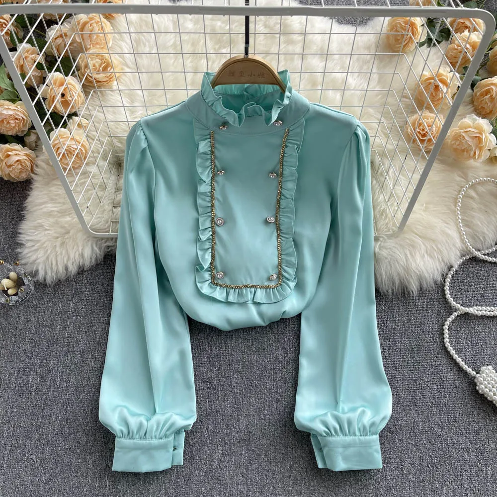 British Style Women Stain Blouse Double Breasted Sand Collar Ruffles T ...