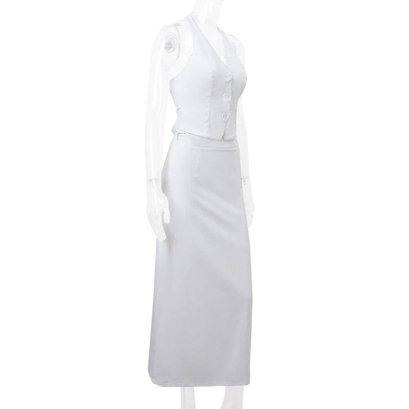 Elegant Women White Sexy Club Sleeveless Backless Halter Crop Top And