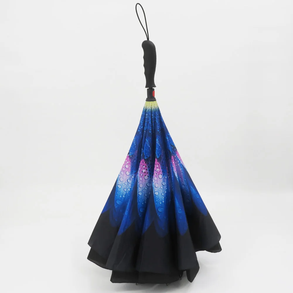 23 Inch Manual Open Reverse Umbrella Blue Flower Double Layer ...