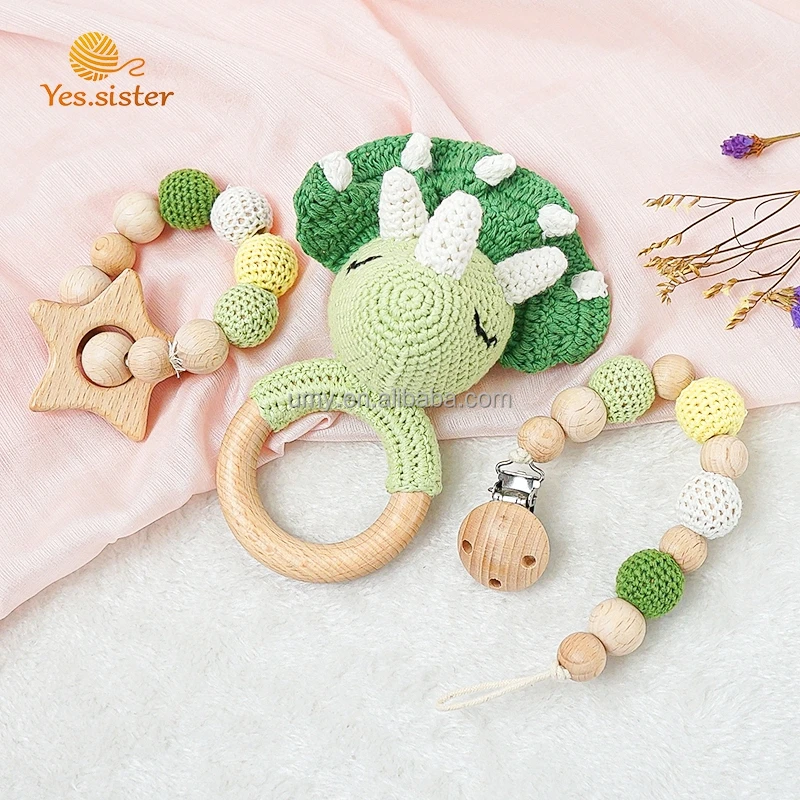 Custom Crochet Wood Teething Ring Toy Dinosaur Wooden Rattle Set Baby ...