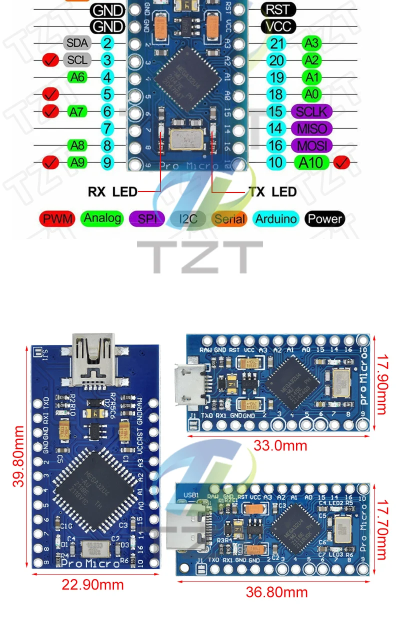 TZT Pro Micro ATmega32U4 5V 16MHz Replace ATmega328 For Arduino Pro ...