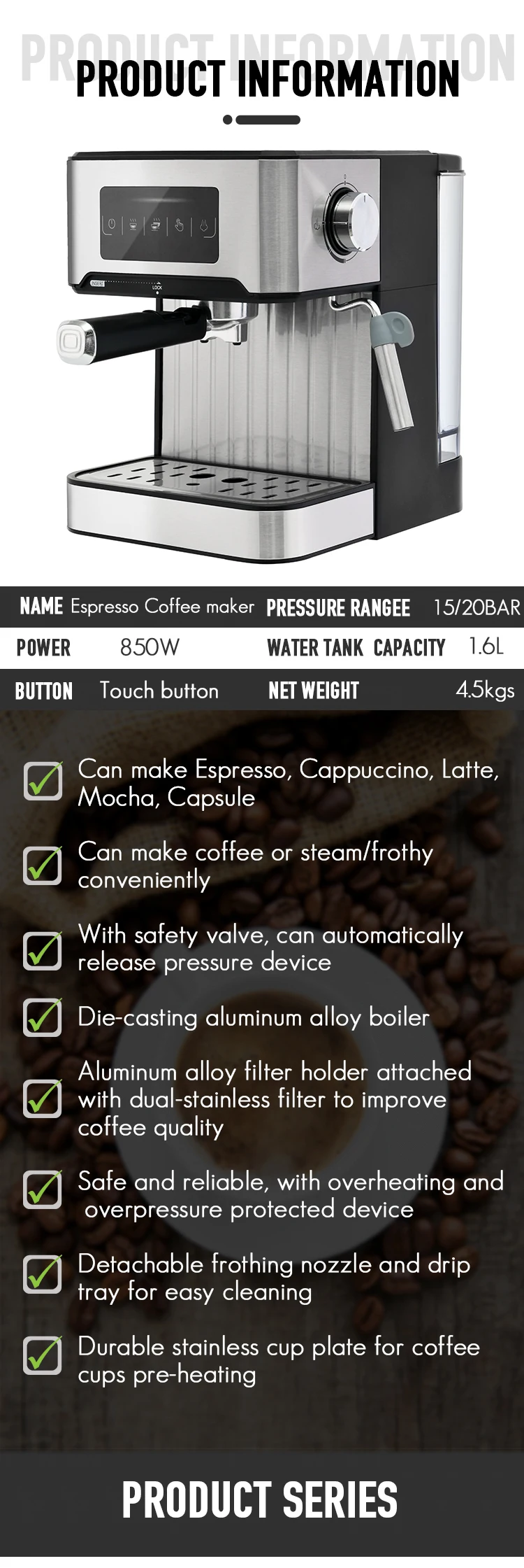 Stainless Steel Touch Screen Espresso Coffee Maker 850w Cappuccino ...