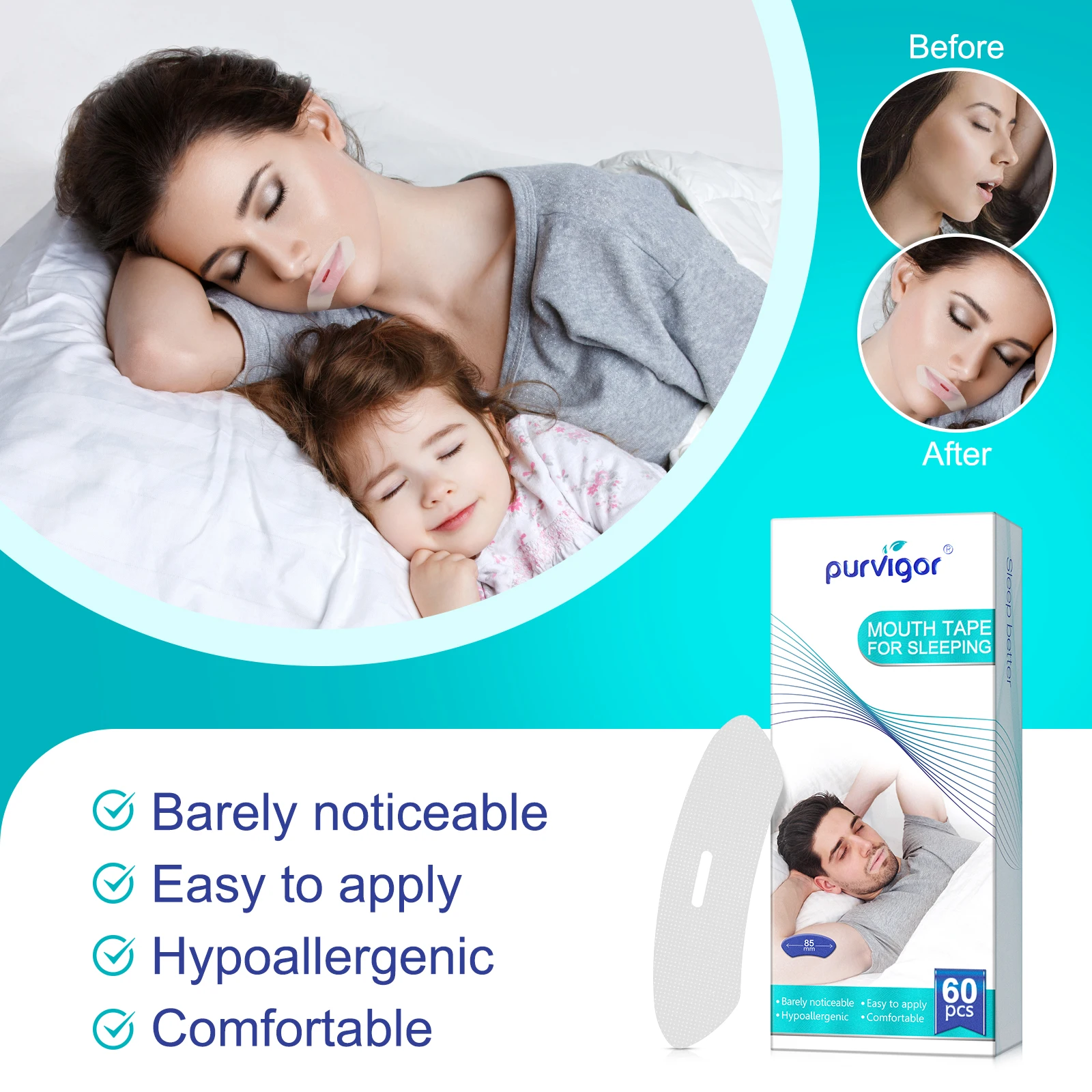 Purvigor Private Label Mouth Tape & Patches for Snoring Relief - 60 pcs ...