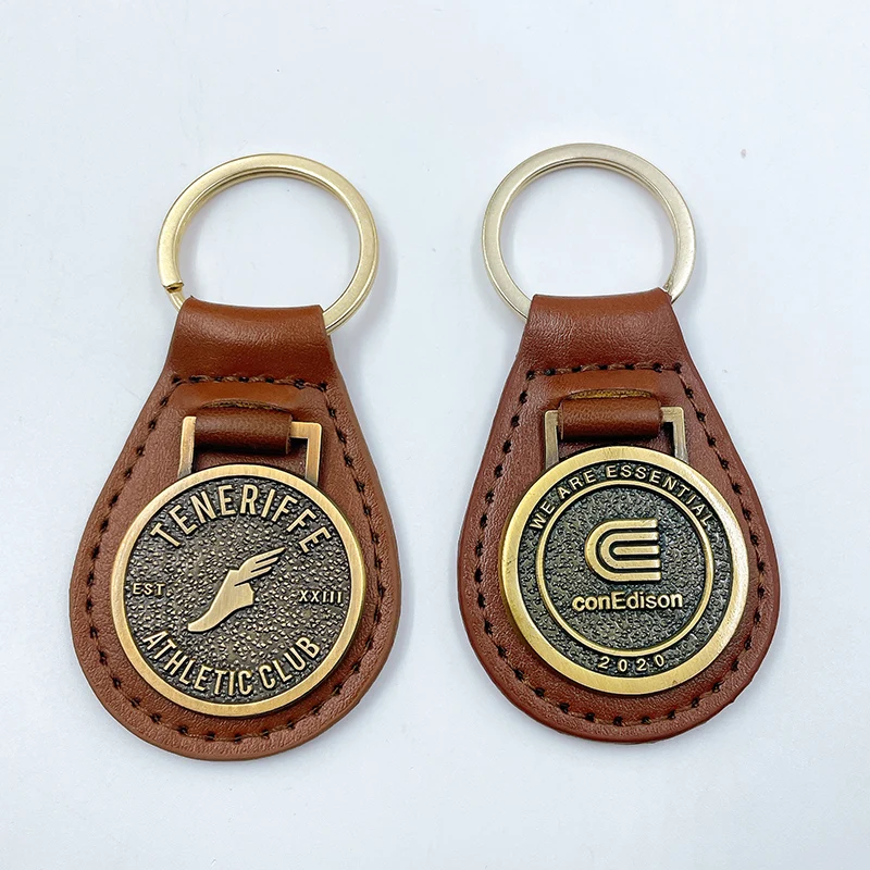 Custom Engrave Car Logo Leather Keychain Antique Gold Brand Logo Metal ...