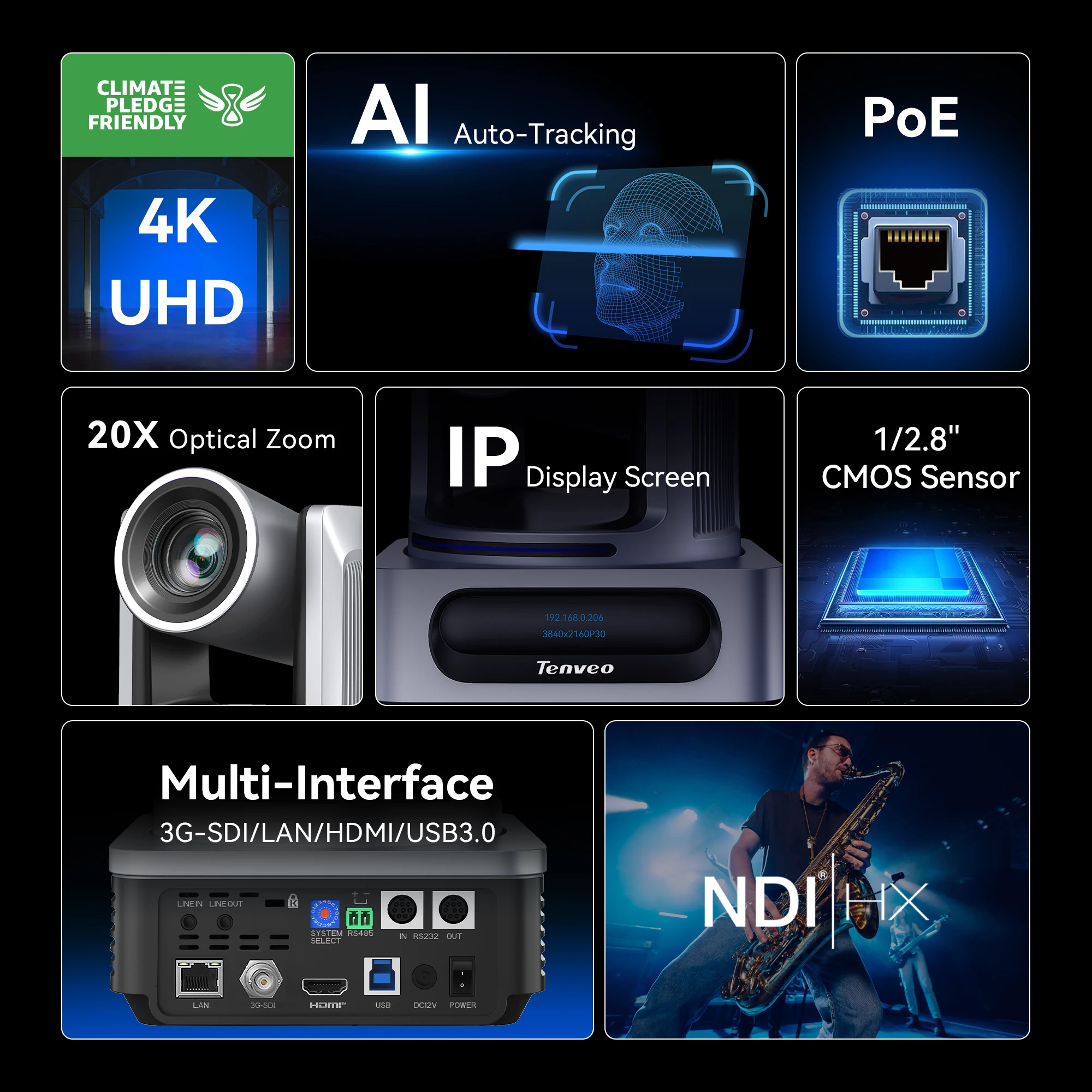 Tenveo 4K NDI PTZ Camera AI Auto-Tracking 20X Optical Zoom 3G-SDI USB3 ...