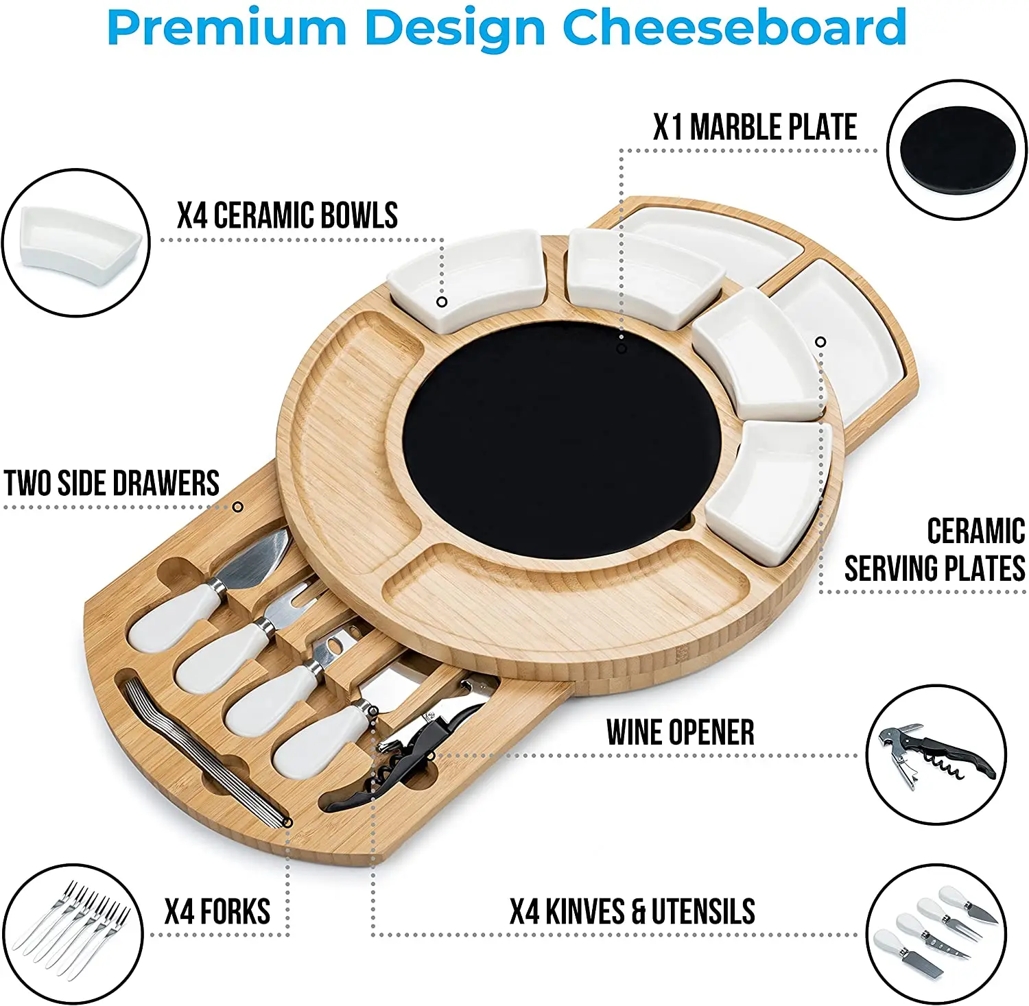 Large Round Bamboo Charcuterie Cheese Board Set With Slate - Buy Round ...