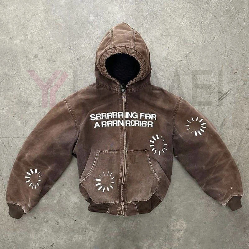 Streetwear Screen Print Acid Washed Zip up Cropped Hoodie Thick Cotton ...